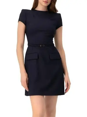 IVONNE A-line Short Dress With Belt - Navy Blue