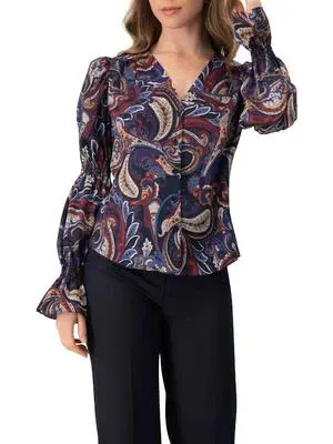 IVONNE V-neck Paisley Printed Shirt With Smocked Sleeves - Multi-brown