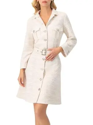 IVONNE Tweed Button Down Belted Midi Dress - Natural