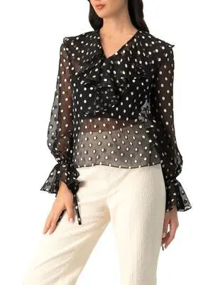 IVONNE Polka Dot V-neck Blouse - Black