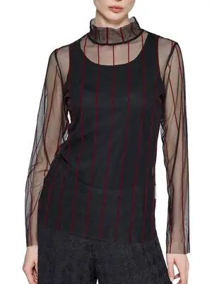LUUKAA Eisley Striped Mesh Blouse Black Red