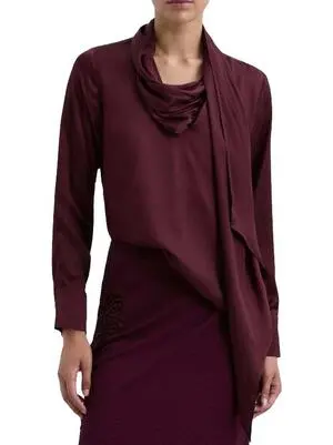 SCALPERS Satin Blouse With Draped Collar - Burgundy
