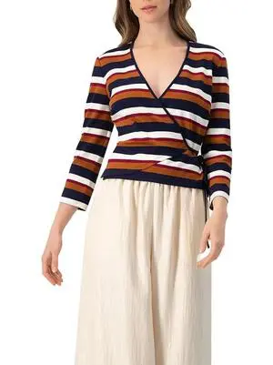 IVONNE V-neck Wrap Blouse With Color Block Stripes - Multi-brown