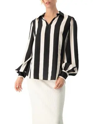 IVONNE Collared Striped Blouse - Black