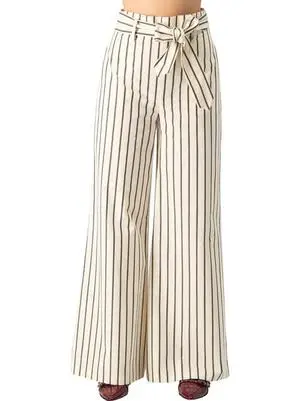 IVONNE Striped Bow-belted Wide-leg Trousers - Natural