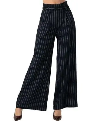 IVONNE Striped Wide-leg Trousers With Belt - Navy Blue