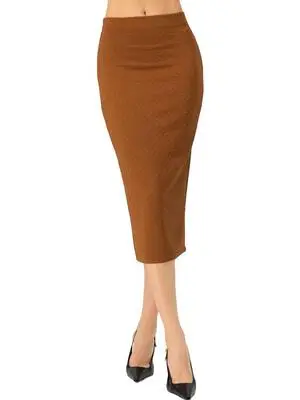 IVONNE Fitted Midi Skirt With Slit - Brown
