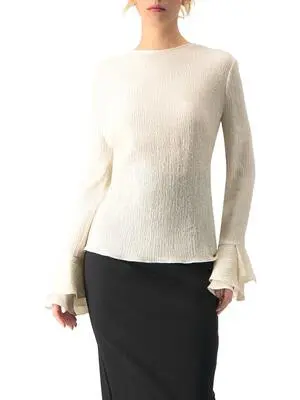 IVONNE Long Sleeve Ruffled Cuff Textured Blouse - Natural