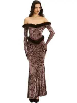 MISS CIRCLE NEW YORK Sweetheart Bardot Faux Fur Velvet Mermaid Maxi Dress - Coffee