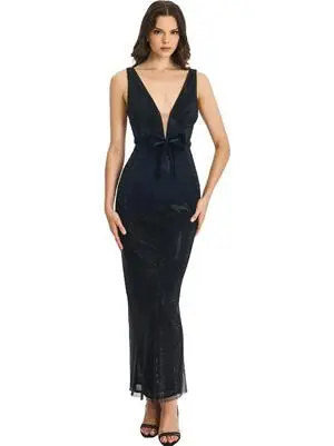 MISS CIRCLE NEW YORK Olympia Belted Bow Plunging Rhinestone Maxi Dress - Black