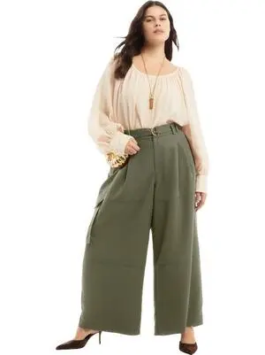 JUNE + VIE High-rise Wide-leg Cargo Trousers - Dark Olive