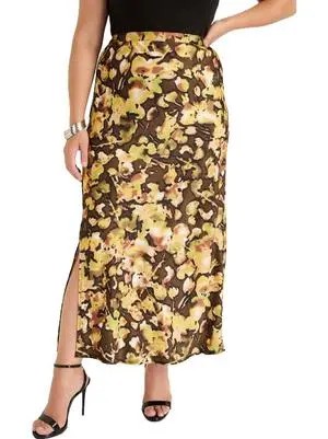 JUNE + VIE Printed Satin Midi Skirt - Watercolor Floral