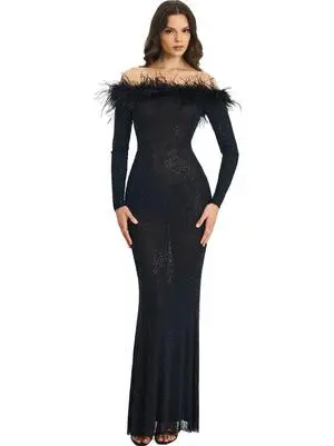 MISS CIRCLE Fur Trimmed Off-shoulder Rhinestone Mesh Mermaid Dress - Black