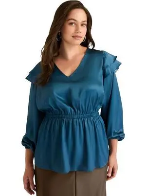 JUNE + VIE Satin Peplum Top With V-neckline And Ruffle Detail - Deep Dive