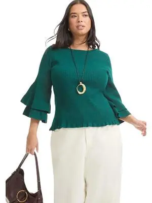 JUNE + VIE Ruffled Long-Sleeve Sweater Dark Pine Green