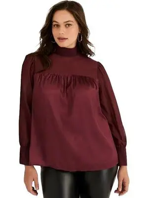 JUNE + VIE Satin Mockneck Blouse - Maroon Banner