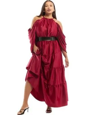 JUNE + VIE Off-the-shoulder Halter Maxi Dress - Bold Red