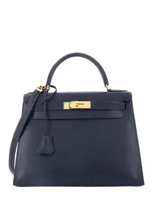 HERMES Kelly Handbag Blue Courchevel 28 Gold Hardware