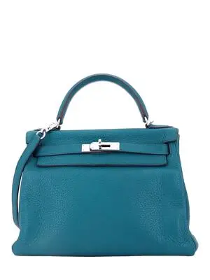 HERMES Kelly Handbag Blue Clemence With Palladium Hardware 28 - Bleu Izmir