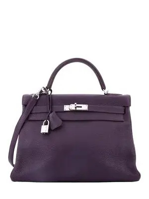 HERMES Kelly Handbag Purple Clemence With Palladium Hardware 32 - Cassis