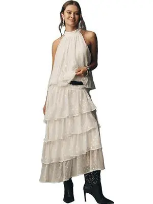 EN SAISON Camille Asymmetric Ruffled Maxi Skirt - White Metallic