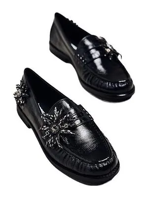 Lola Cruz Beaded Flower Loafers - Black