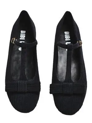 BIBI LOU Corduroy Bow T-strap Flats - Black