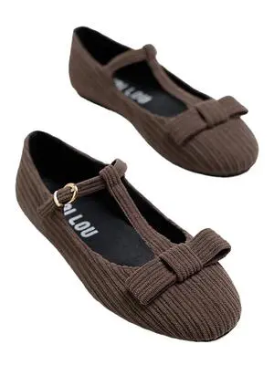 BIBI LOU Corduroy Bow T-strap Flats - Cocoa