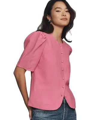 Maeve Puff-Sleeve Button-Front Top Pink