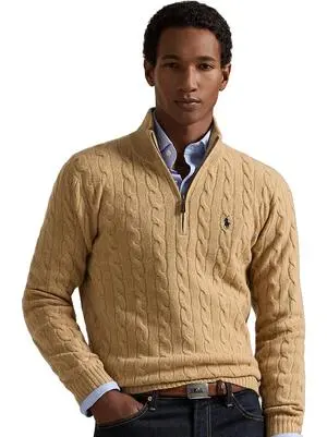 Ralph Lauren Cable-knit Quarter-zip Sweater - Camel Melange