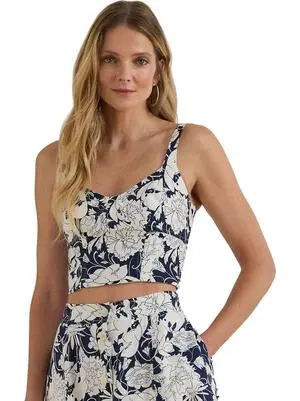 Ralph Lauren Floral Linen Bustier Cropped Top - White/navy