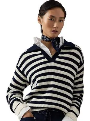 Ralph Lauren Striped Cashmere Polo Sweater - Icon Navy/cream