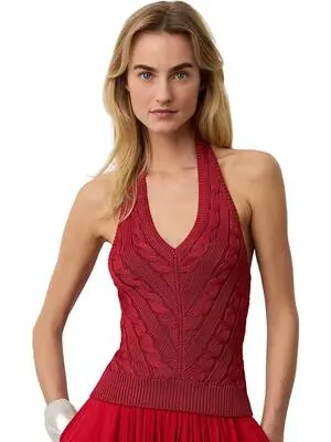 Ralph Lauren Cable-Knit Silk Halter Sweater Bright Red