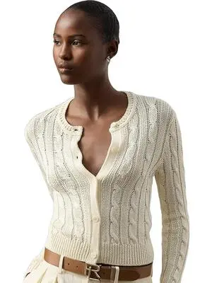 Ralph Lauren Cable-Knit Silk Cropped Cardigan Lux Cream