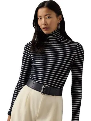 Ralph Lauren Striped Rib-knit Cashmere Turtleneck - Icon Navy/lux Cream