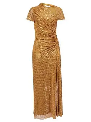 SELF-PORTRAIT Rhinestone-embellished Draped Midi Dress - Light Topaz