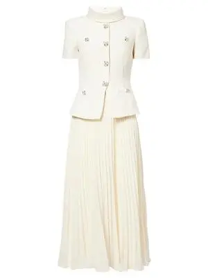 SELF-PORTRAIT Bouclé Pleated Woven Midi Dress - Cream