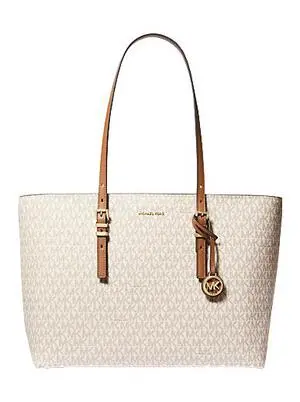 Michael Kors Quinn Large Signature Logo And Leather Tote Bag - Natural