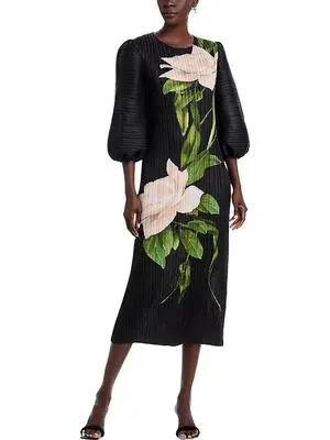 NANCY YANG Floral Print Crinkle Dress - Black