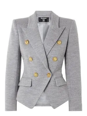 Balmain Wool-blend Jersey Double-breasted Blazer - Gray
