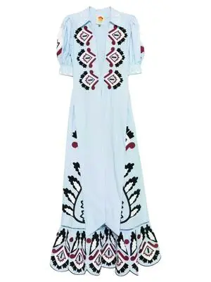 Farm Rio Embroidered Puff-sleeve Maxi Dress - Blue