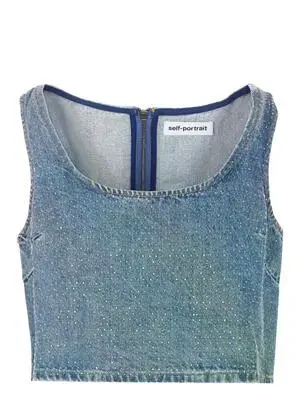 SELF-PORTRAIT Denim Scoop-neck Crop Top - Blue