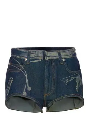 Jean Paul Gaultier Printed Denim Mini Shorts - Blue