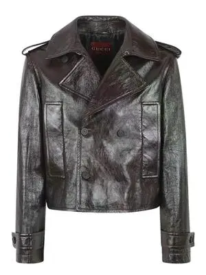 Gucci Double-breasted Leather Jacket - Brown