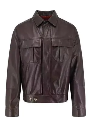 Brunello Cucinelli Leather Jacket With Patch Pockets - Brown