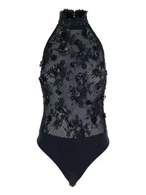 Retrofete Halterneck Floral Embroidered Bodysuit - Black