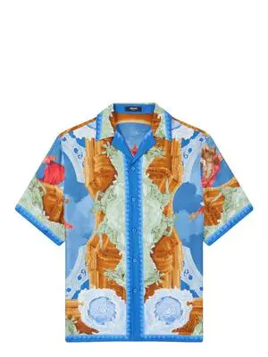 Versace Camp-collar Printed Silk-twill Shirt - Blue