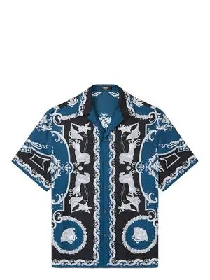 Versace Camp-collar Printed Silk-twill Shirt - Blue
