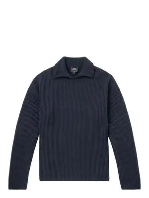 A.p.c. Oversized Ribbed Wool And Cashmere-Blend Polo Sweater Navy