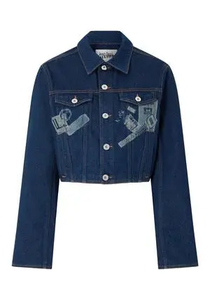 Jean Paul Gaultier Cropped Printed Denim Jacket Mid Denim